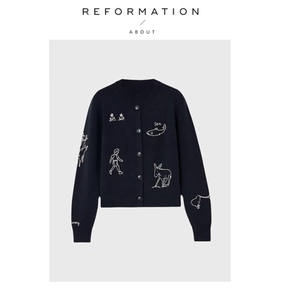 【现货】About Reformation纯羊毛开衫早秋童趣提花针织衫小外套