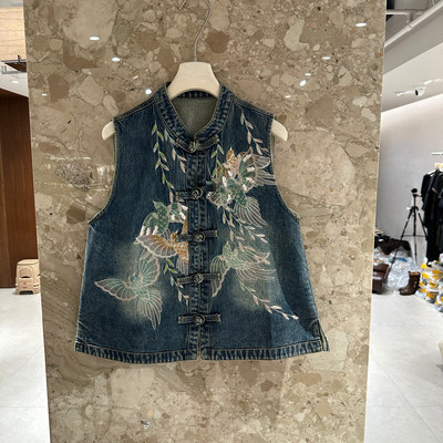 中式刺绣盘扣重工牛仔马甲女