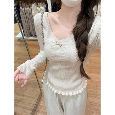 早秋韩系穿搭木耳边v领蝴蝶结杏色毛衣女内搭长袖打底针织衫上衣