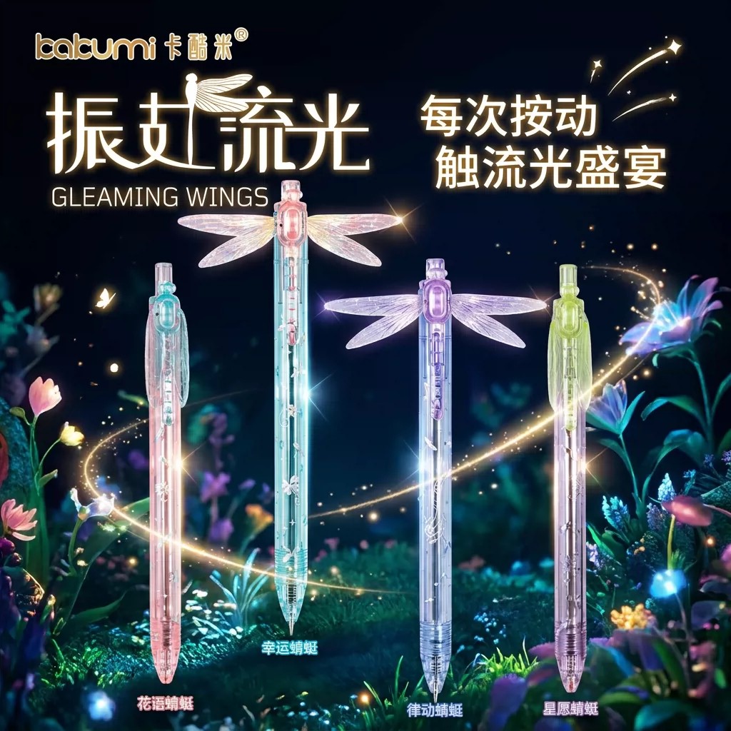卡酷米振翅流光可擦笔高颜值蜻蜓翅膀按动笔学生用晶蓝可擦笔写字