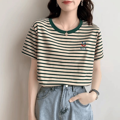 纯棉夏圆领短袖宽松条纹圆领T恤
