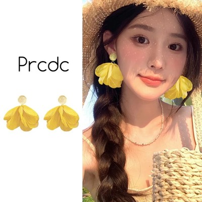 元气森系甜美黄色花瓣耳环银针超仙气质雪纺耳钉海边沙滩拍照耳饰