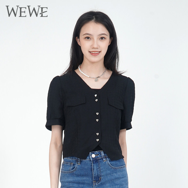 WEWE/唯唯夏季新品女装时尚短款通勤衬衫气质干练OL风显瘦