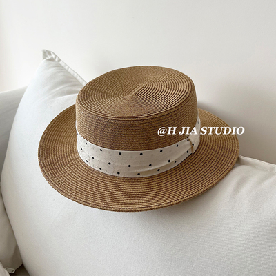 法式波点平顶草帽女夏季海边度假出游平沿礼帽遮阳草编防晒帽洋气
