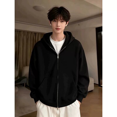 黑色连帽开衫卫衣男款重磅boxy