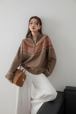 2026秋冬新款100%耗牛绒加羊毛女半拉链高领加厚宽松毛衣打底衫