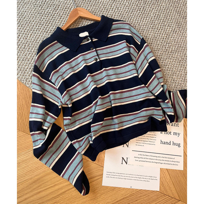 韩系蓝色条纹翻领半开襟针织卫衫