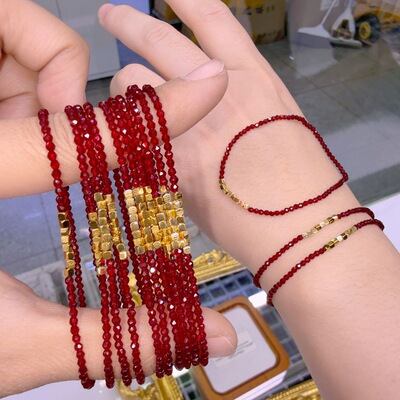 极细2mm八方红晶钛钢招财手链