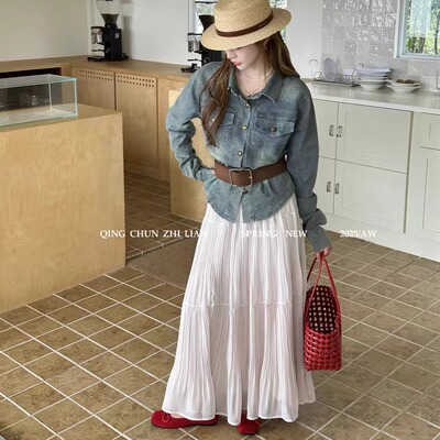 特价8202牛仔衬衫短外套配腰带A字长裙半裙两件套气质女装春新款2