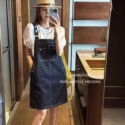 特价8375短袖T恤满天星牛仔背带裙两件套短裙洋气减龄套装女夏季