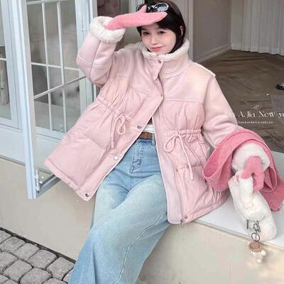立领羊羔毛皮毛一体拼接羽绒服