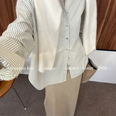 GRACETINA HOO-100棉法式色织细条纹小翻领廓形松弛衬衫CSA2212