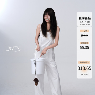 3ts法式复古蕾丝白色背带裤女