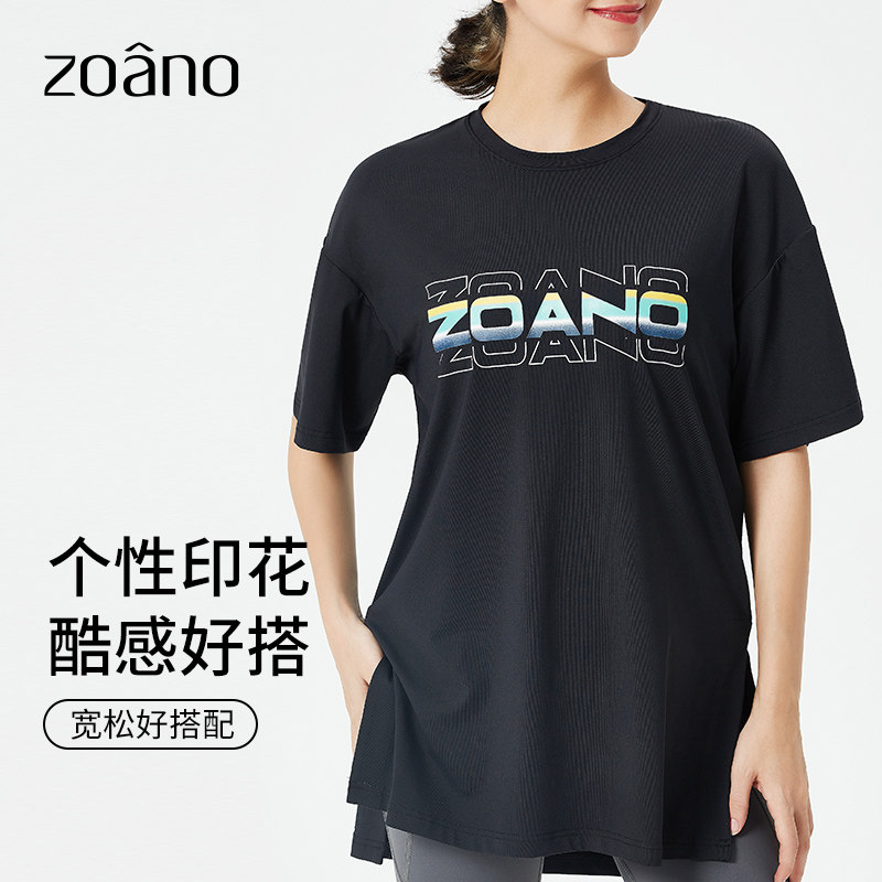 ZOANO佐纳运动短袖T恤女宽松休闲潮流字母印花下摆开叉跑步健身夏