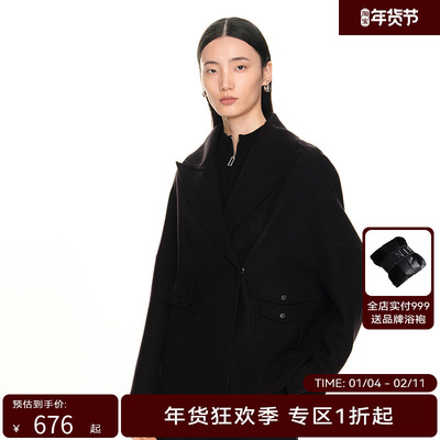 H·GENTEEL荷高年新款冬装女立裁结构感版型呢工艺西装领大衣