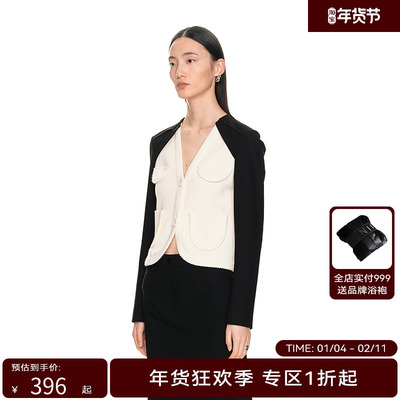 H·GENTEEL荷高新款冬装女针梭相拼立体针织对撞口袋衬衫