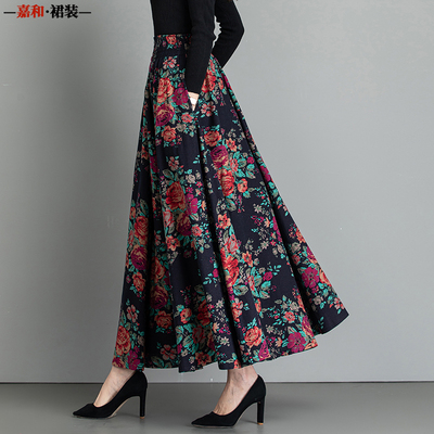 2025春秋民族风复古印花棉麻半身裙长款高腰a字裙大码仙女长裙子