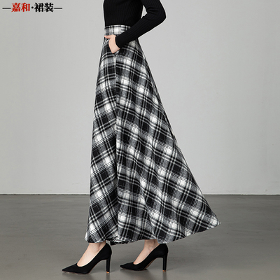 2025秋冬新款毛呢黑白格子半身裙显瘦高腰A字大摆裙气质休闲长裙