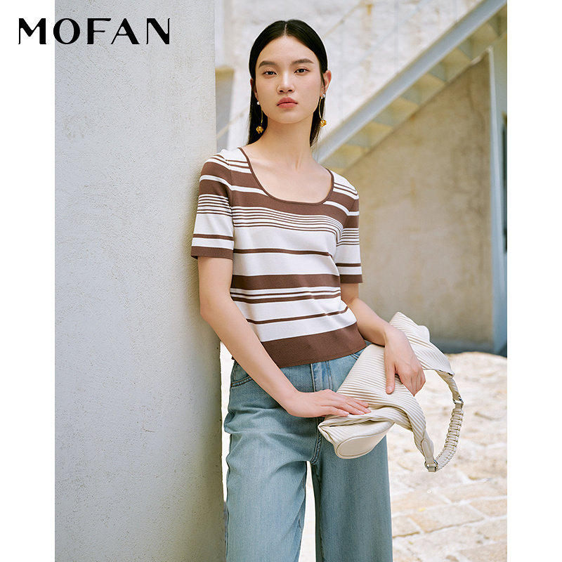MOFAN摩凡夏焦糖色条纹毛衫V领设计感针织衫显瘦