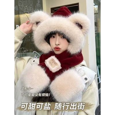 毛绒小熊加厚保暖帽子围巾一体帽d3370【鹿儿岛】