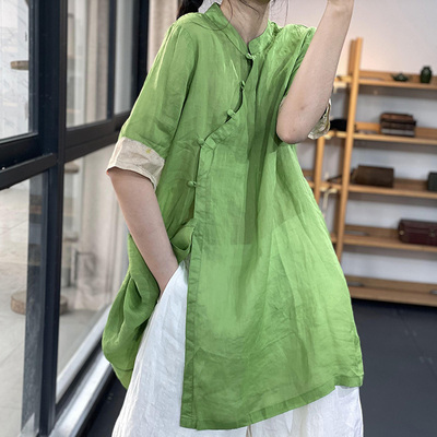 素立领斜襟包扣轻薄苎麻禅服衬衫