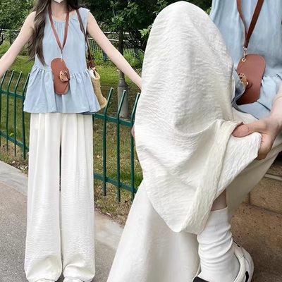 米白肌理感奶芙裤慵懒学院夏季高腰宽松显瘦休闲百搭小个子直筒裤