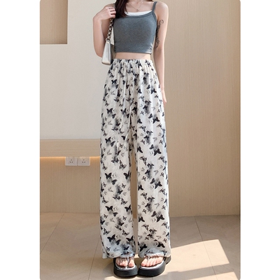国风冰丝裤扎染垂感阔腿裤女夏季蝴蝶印花宽松直筒小个子休闲长裤