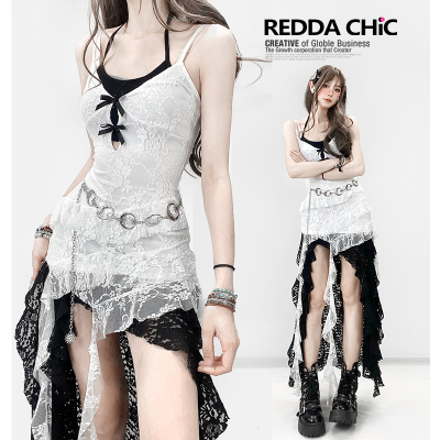 纯欲风白色连衣裙蕾丝吊带蝴蝶结不规则荷叶边叠穿度假背心裙套装