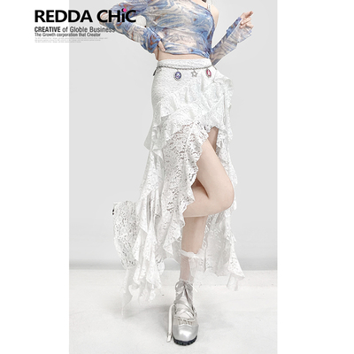 白色蕾丝半身长裙不规则开叉辣妹前短后长荷叶边包臀中长款裙子女