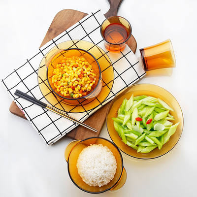 法国多莱斯duralex琥珀色钢化玻璃杯碗盘碟组合欧式家用汤碗菜盘