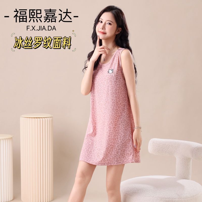 福熙嘉达冰丝罗纹背心睡裙女夏季薄款无袖宽松豹纹凉感家居服睡衣