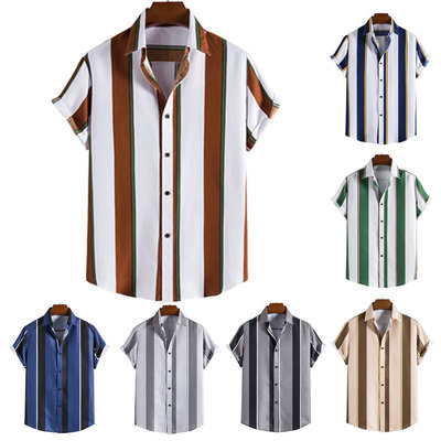 Printed color blocking short sleeved shirt印花拼色短袖衬衫男