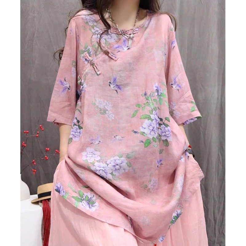 商场撤柜品牌清仓捡漏女印花斜襟盘扣国风衬衫裙显瘦百搭套头上衣