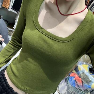 欧洲站U领长袖T恤短款气质潮