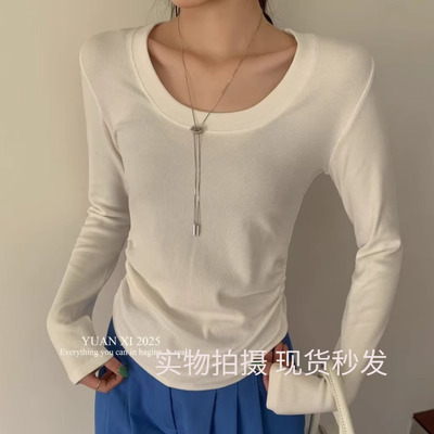 YUAN XI元熙8069春新设计感U领褶皱修身螺纹长袖T恤女打底衫上衣