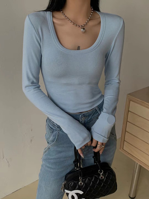元熙8078-1简约内搭修身纯欲辣妹短款上衣U领正肩长袖T恤女打底衫
