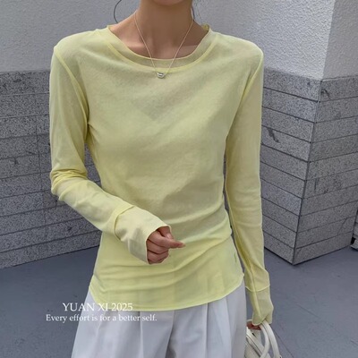 YUAN XI元熙6060纸片人正肩轻薄纯棉修身显瘦长袖T恤女内搭上衣春