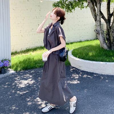身灰色休闲百C189-276搭两件套女初夏新款假两件纹条上衣抽绳半套