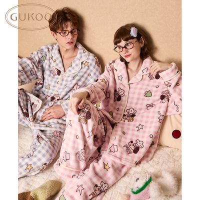 Gukoo/果壳情侣睡衣冬季毛绒保暖新款轰轰小狗满印女家居服套装D