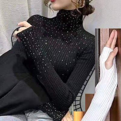 遮手背漏拇指洞的毛衣女秋冬高领指套针织打底衫套指线衫护手毛衫