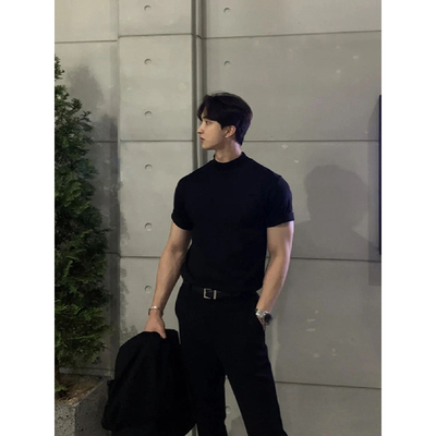 收袖口t恤小领口修身短袖夏季