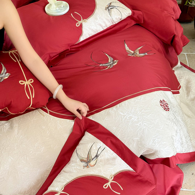 比翼双飞国风婚庆四件套全棉燕子刺绣提花喜字红色结婚被套床单笠