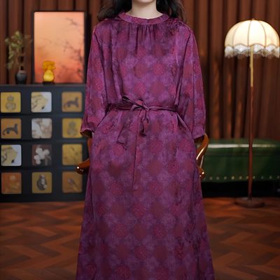 粉鸳菱格秋季新款长袖民族风双层宝象花萝重工定制设计师连衣裙