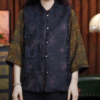 清丽绝俗（黑紫色）马甲马夹老料女装新款无袖提花短款上衣