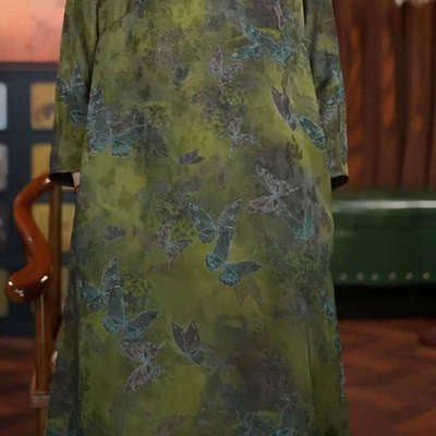 缤纷彩蝶 重锻高级定制柜子国风显瘦七分袖连衣裙设计师长裙