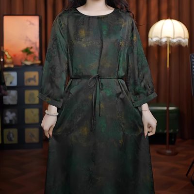 完美无暇（墨绿色）双面双穿圆领老料女装新款长袖提花长款连衣裙