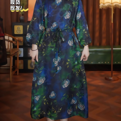 蓝风铃 秋季新款复古气质圆领气质新中式中长款国风重磅连衣裙