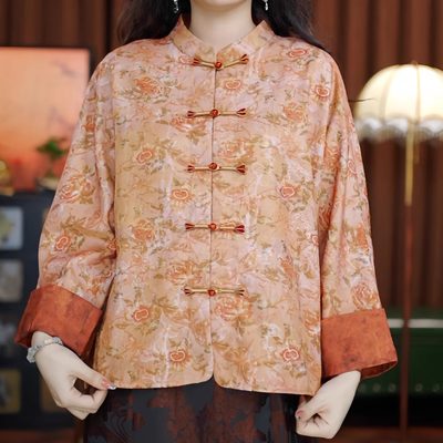 行云流水（桔色）圆领老料女装新款长袖提花短款上衣开衫盘扣