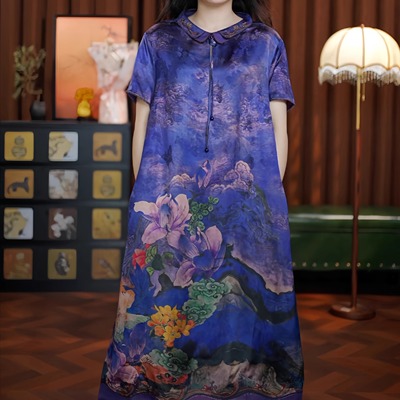 天翔紫燕（紫色）老料女装新款短袖提花长款连衣裙