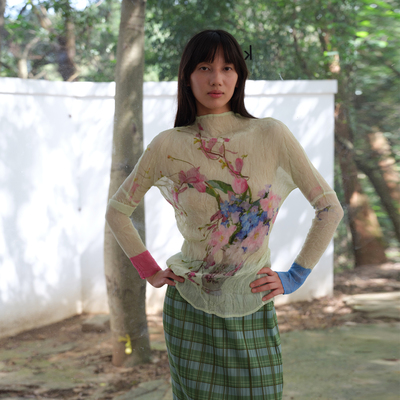 JT JANE小众设计长袖微透褶皱不规则原创印花上衣高领打底修身T恤